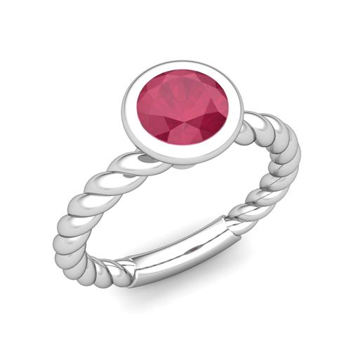 Bezel Set Solitaire Ruby Engagement Ring 18k Gold Rope Band 5mm