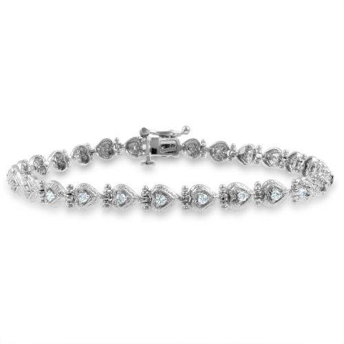 Diamond Bracelet In 14k White Gold Link 7" Heart Bracelet