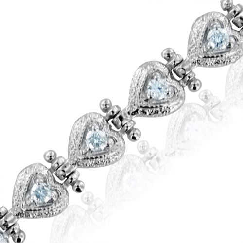 Diamond Bracelet In 14k White Gold Link 7" Heart Bracelet
