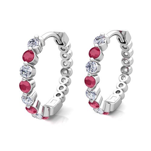 Floating Ruby and Diamond Hoop Earrings in 18k Gold Hoops