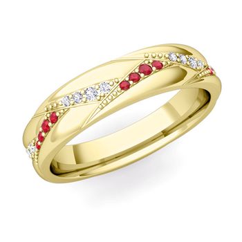 His Her Matching Wedding Ring Bands in 18k Gold Ruby Diamond Ring