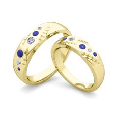 Mens Flush Set Diamond and Sapphire Wedding Ring in 14k Gold
