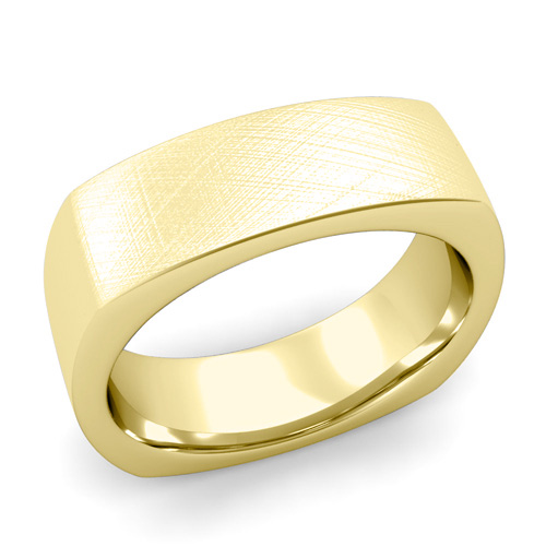 Square Comfort Fit Wedding Ring 18K Gold Brushed Band, 7mm