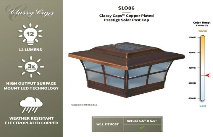 Classy Caps Copper Prestige Solar Post Cap for 6x6 Posts